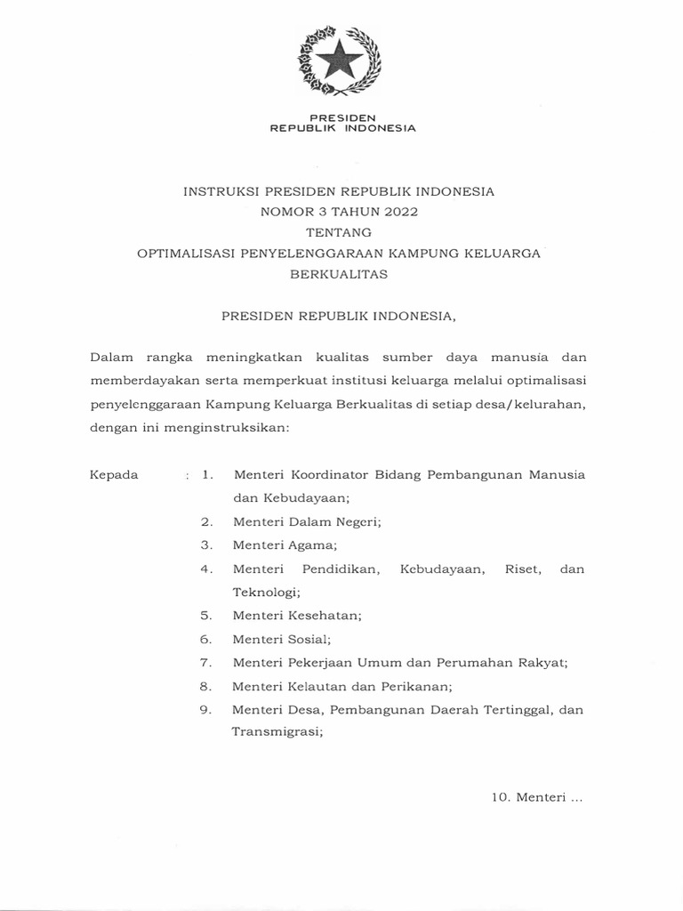 Inpres Nomor 3 Tahun 2022 TTG Kampung KB Full | PDF Inpres Nomor 3 Tahun 2022 TTG Kampung KB Full | PDF