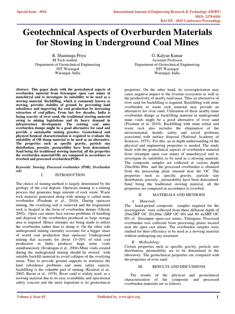 Geotechnical Aspects of Overburden Materials For Stowing in Underground ...