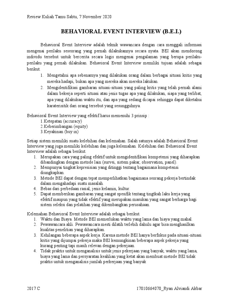 Behavioral Event Interview (B.E.I.) | PDF | Karier & Perkembangan