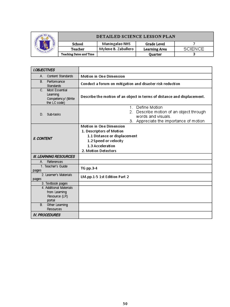 Grade 7 Science Lesson on Motion | PDF | Lesson Plan | Learning