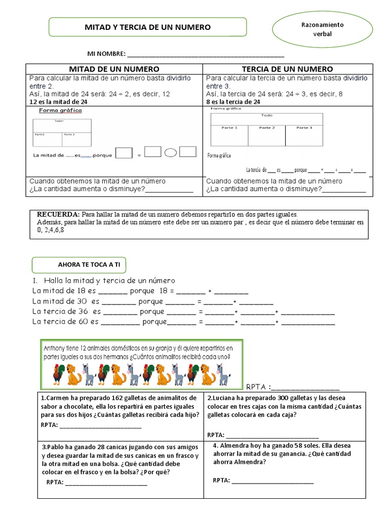 Mitad y Tercia de Un Numero Ficha | PDF