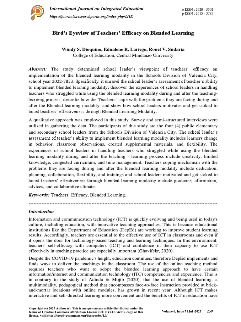 Bird's Eyeview of Teachers' Efficacy On Blended Learning | PDF