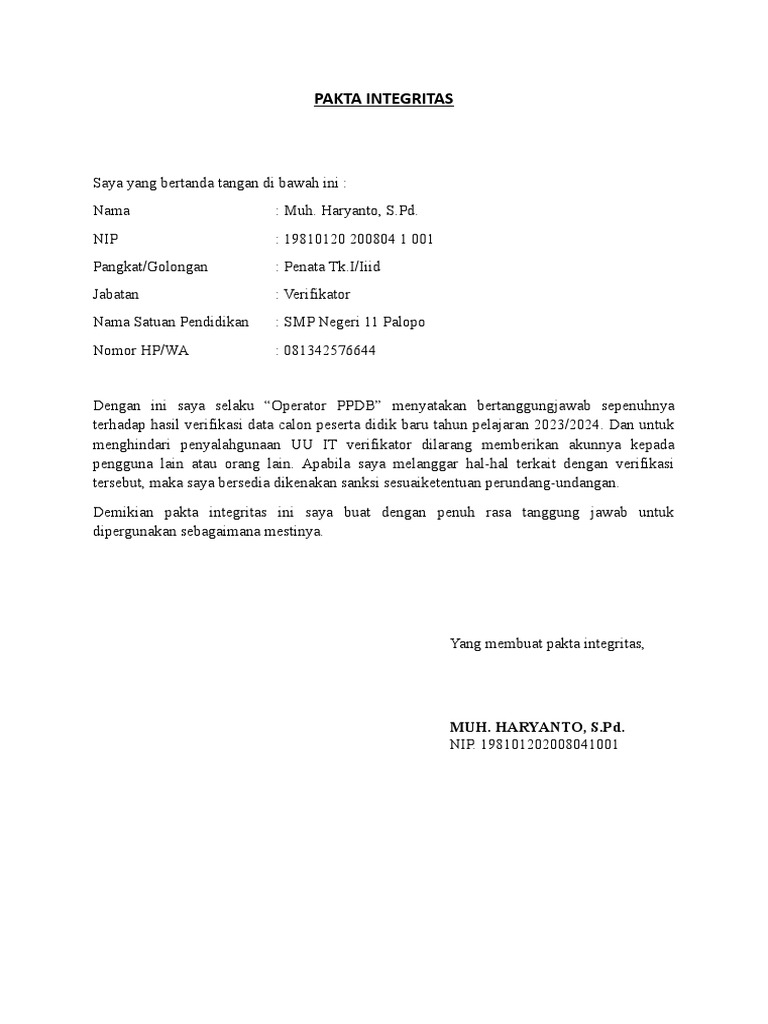 PAKTA INTEGRITAS Operator PPDB - 2023 | PDF