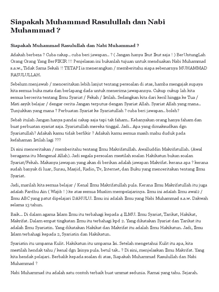ILMU MENGENAL DIRI Siapakah Muhammad Rasulullah Dan Nabi Muhammad | PDF