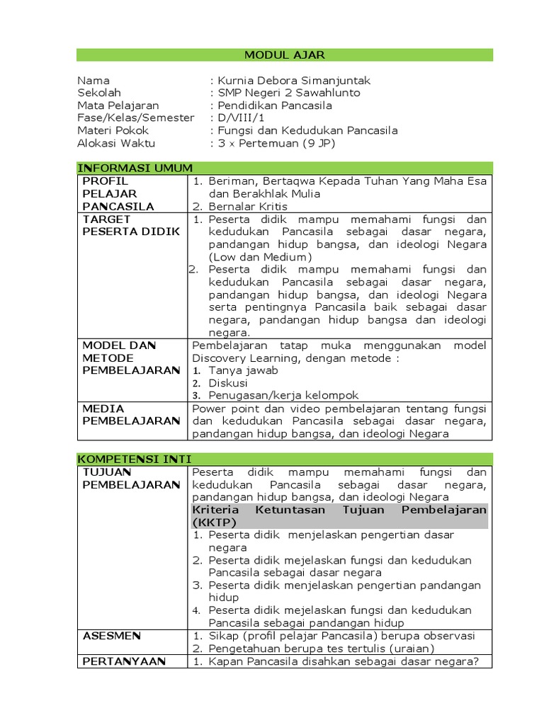MODUL AJAR KELAS 8 BAB 1. Fix | PDF