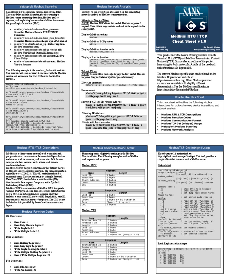 Modbus RTU / TCP Cheat Sheet v1.0: Metasploit Modbus Scanning Modbus Network Analysis | PDF