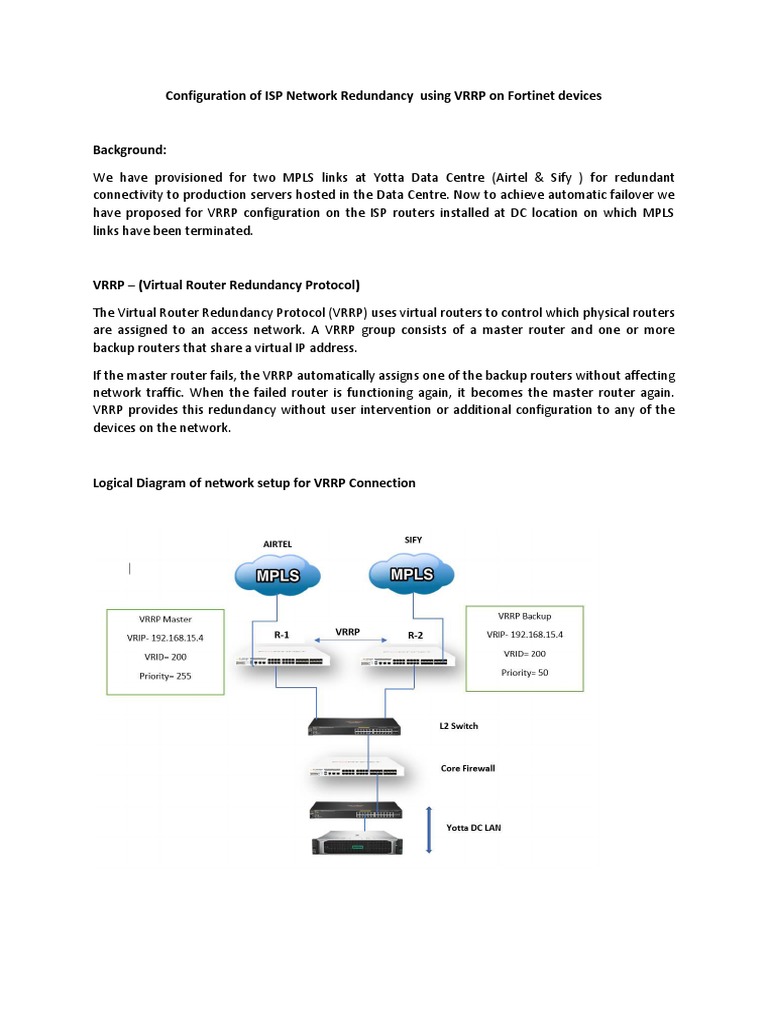 ISP Network Redundancy Configuration using VRRP on Fortinet devices | PDF