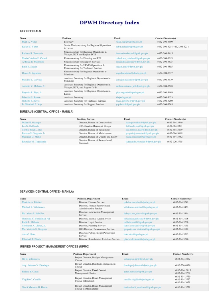 DPWH Key Contacts Directory | PDF