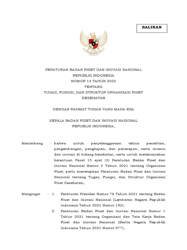 SALINAN - Peraturan BRIN No 13 Tahun 2022 PDF | PDF