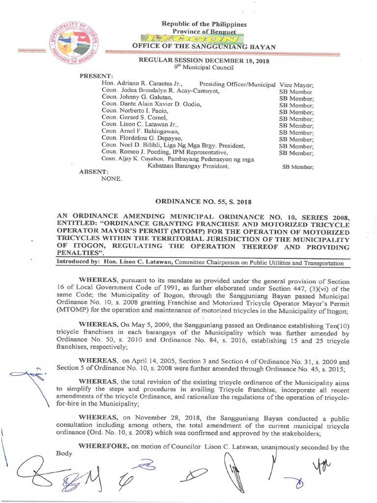 Itogon Municipal Tricycle Ordinance 2018-55 | PDF