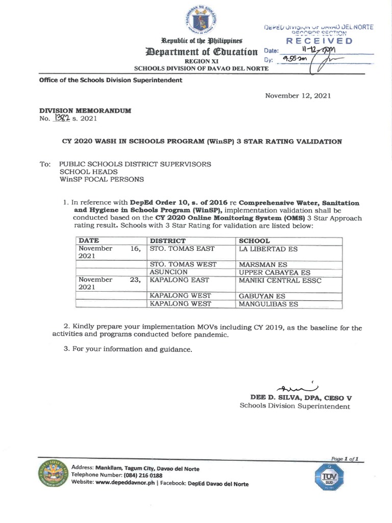DM 1382 S. 2021 CY 2020 WASH IN SCHOOLS PROGRAM WinSP 3 STAR RATING VALIDATION | PDF