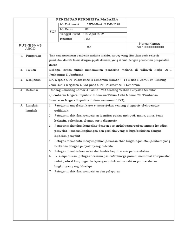 SOP PENEMUAN PENDERITA MALARIA S | PDF | Pengembangan Diri | Kesehatan Holistik