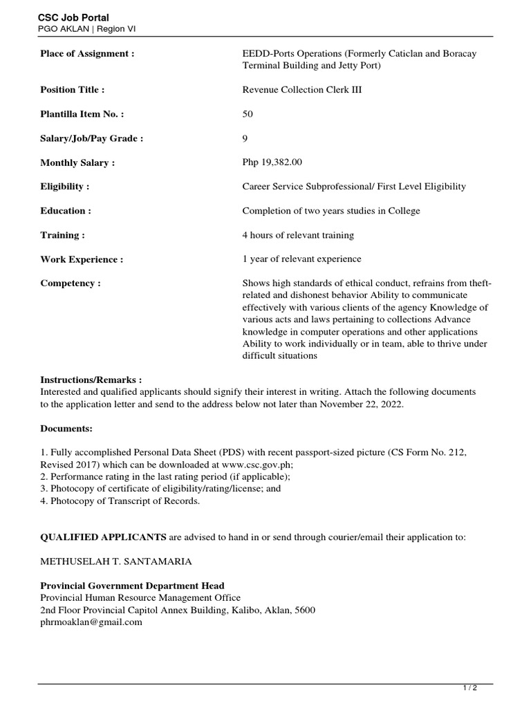 PGO AKLAN-Revenue Collection Clerk III | PDF