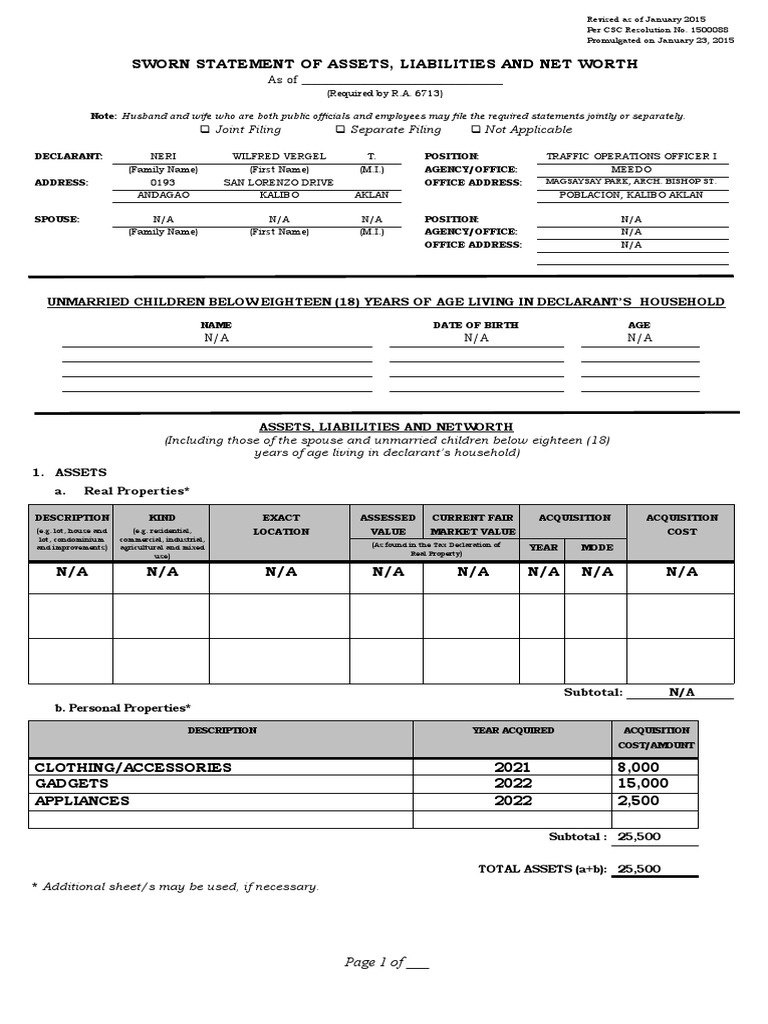 Sworn Statement of Assets and Liabilities | PDF