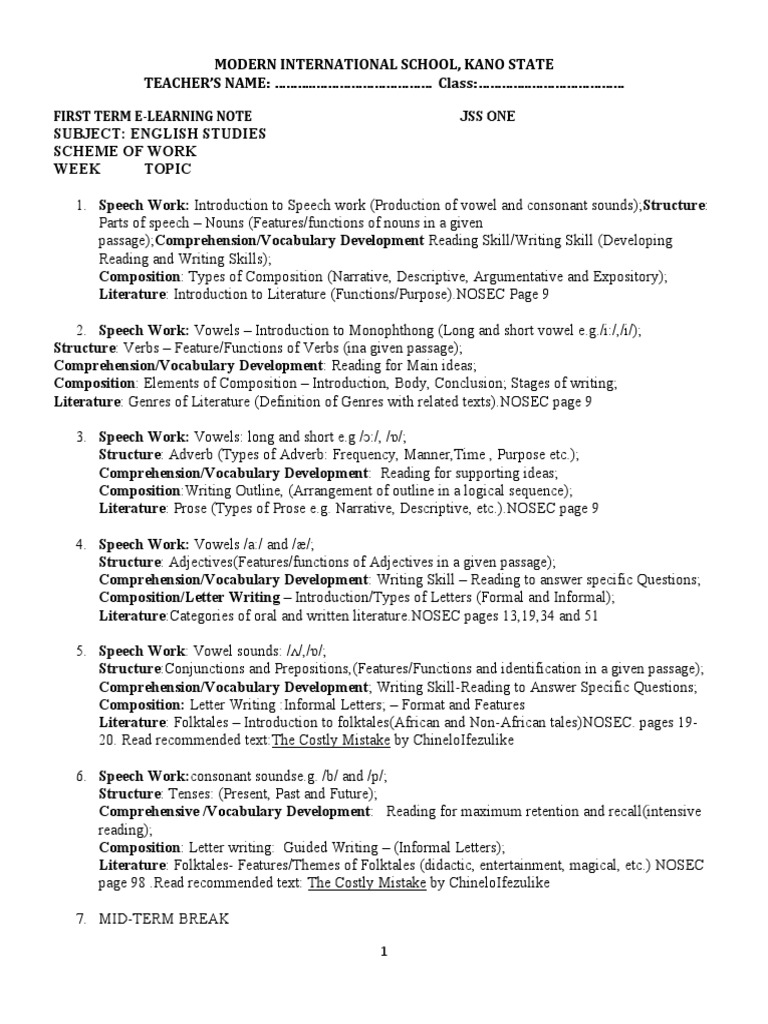 Basic 7 First Term English Lang. | PDF