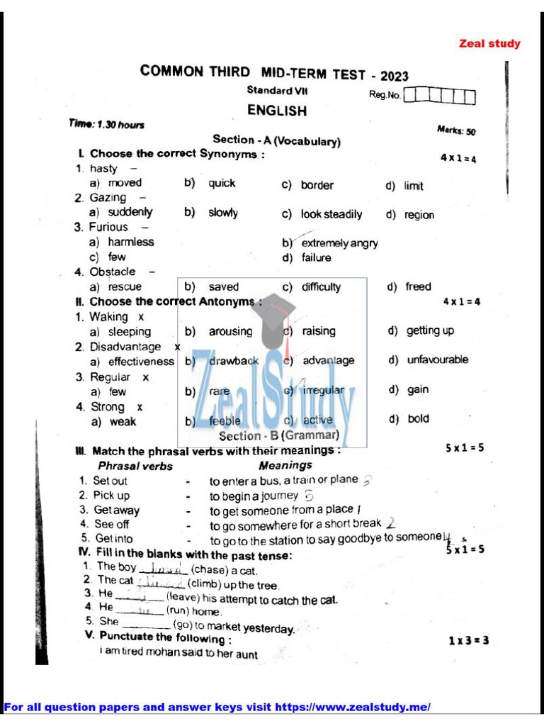 Zeal Study 7th English EM 3rd Mid Term Exam 2023 Original Question Paper Thiruvallur District ...
