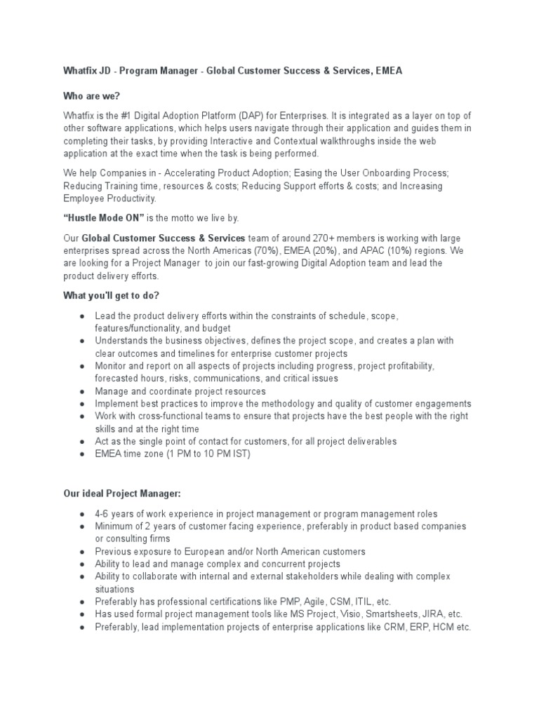 Whatfix JD - Program Manager - Global Customer Success & Services, EMEA ... Whatfix JD - Program Manager - Global Customer Success & Services, EMEA ...