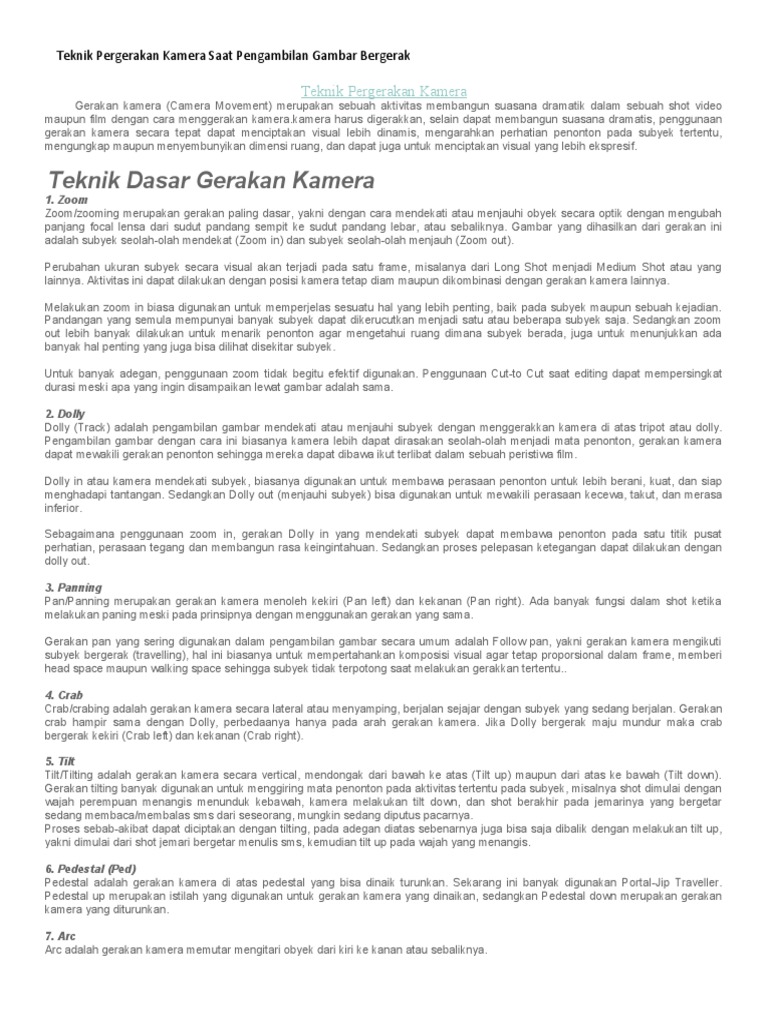 2.teknik Pergerakan Kamera Saat Pengambilan Gambar Bergerak | PDF 2.teknik Pergerakan Kamera Saat Pengambilan Gambar Bergerak | PDF