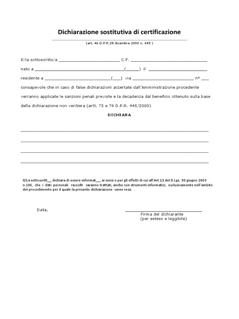 Modello Autocertificazione Generico Word | PDF