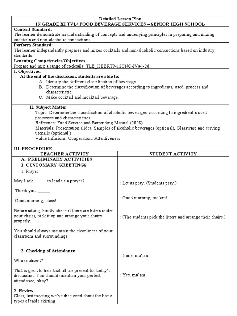 Detailed Lesson Plan in FBS 11 | PDF | Drink | Alcoholic Beverages