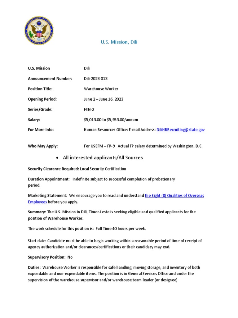 Warehouse Worker Vacancy at U.S. Embassy | PDF