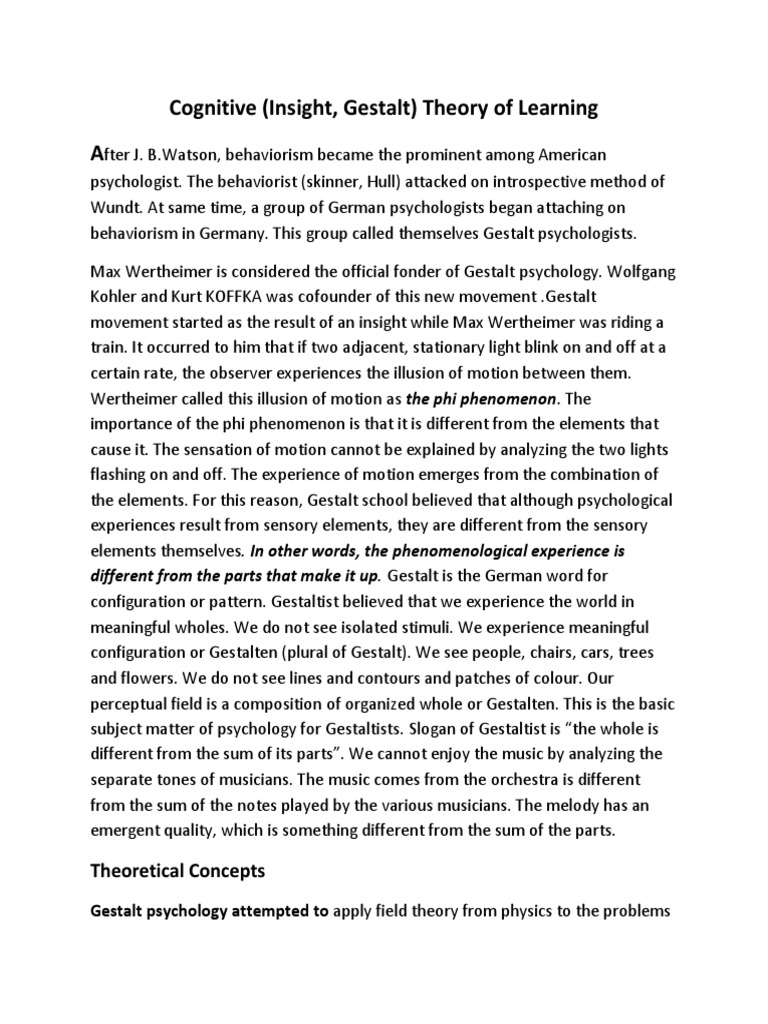 Cognitive (Insight, Gestalt) Theory of Learning A: Theoretical Concepts ...