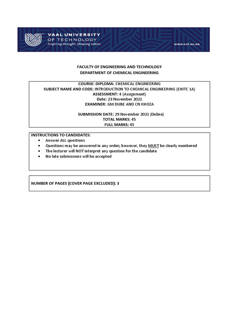 Chemical Engineering Assessment EHITC 1A | PDF | Steam | Sugarcane