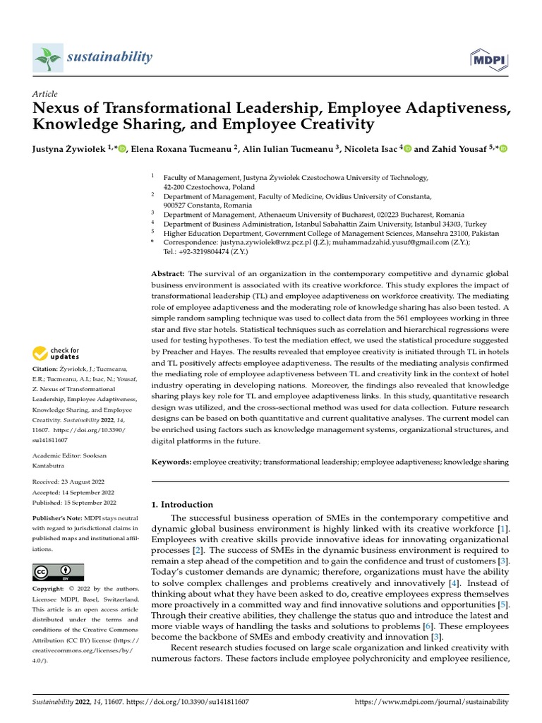 Nexus of Transformational Leadership, Employee Adaptiveness, Knowledge Sharing, and Employee ...