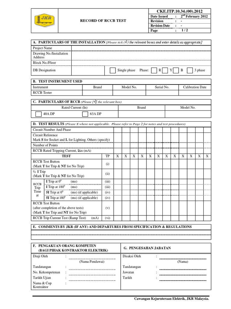 CKE ITP 01 34 00 2012-Borang-RCCB | PDF | Electrical Engineering ...