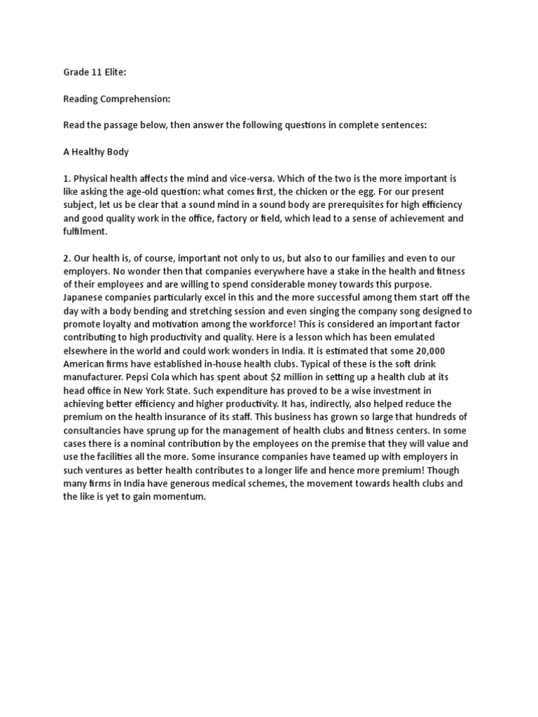 Grade 11 Elite- Reading Passage | PDF