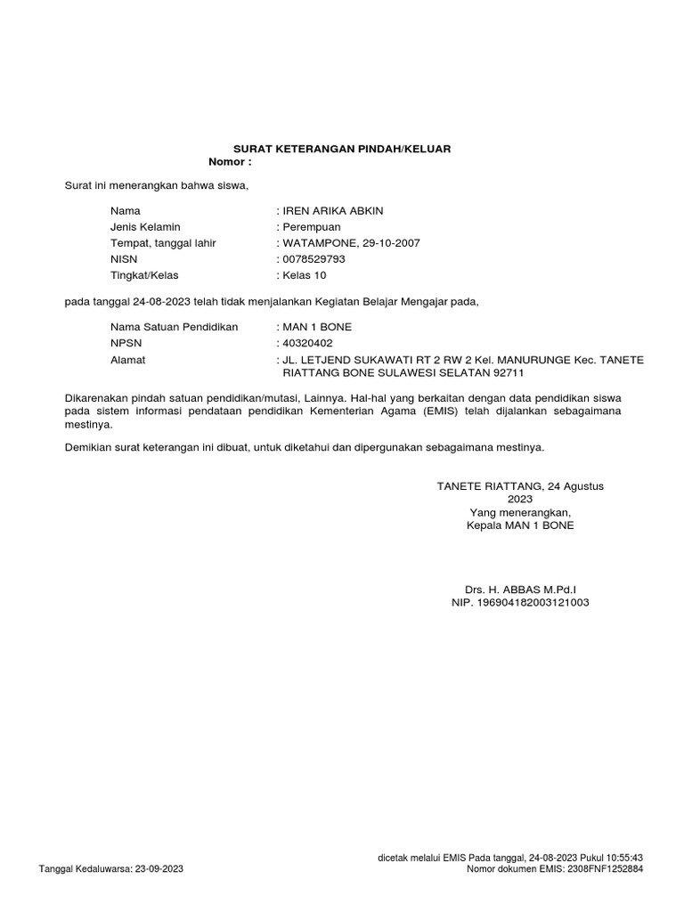 Mutasi Keluar - Surat Keterangan - IREN ARIKA ABKIN | PDF