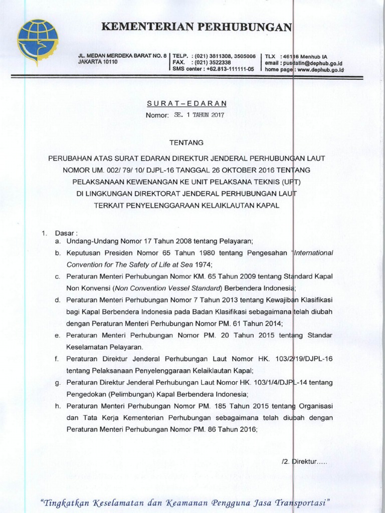 Surat Edaran No. Se. 1 Tahun 2017 Tentang Perubahan Atas Um. - Djpl-16 | PDF