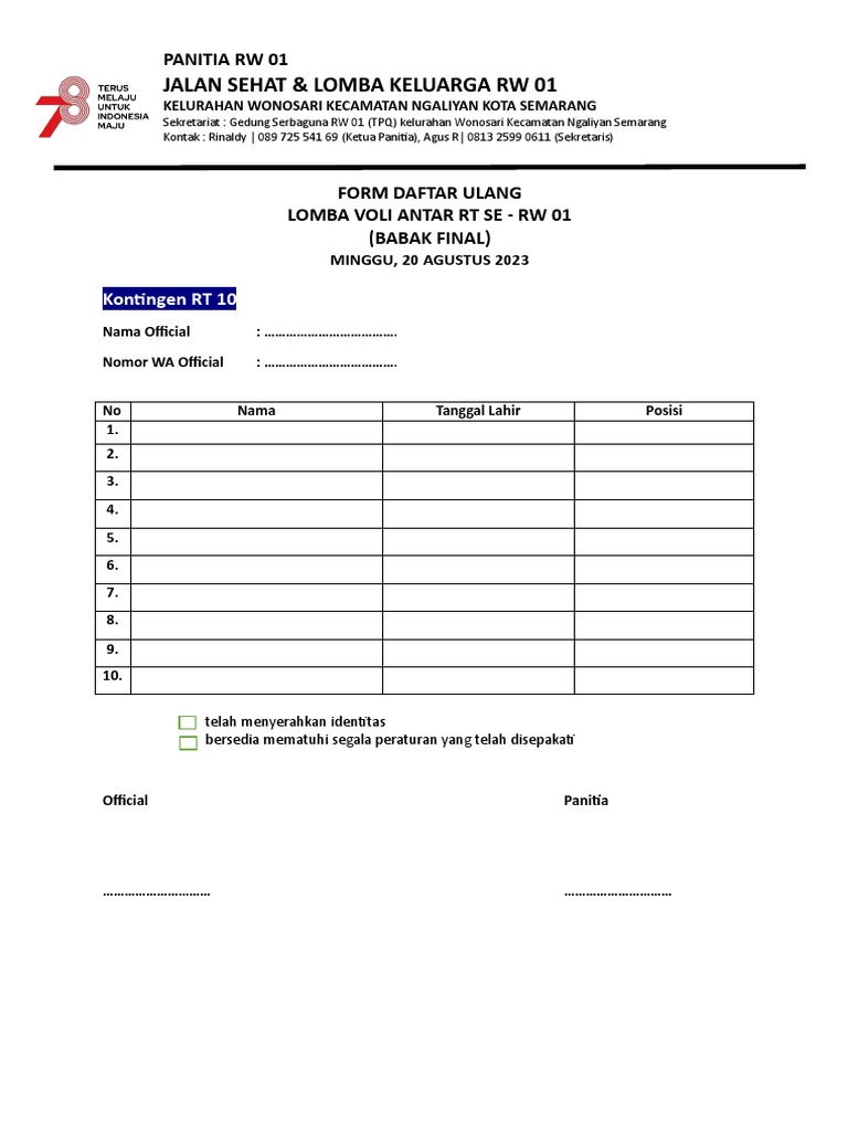 Contoh Form Daftar Ulang Lomba Voli RT 10 | PDF