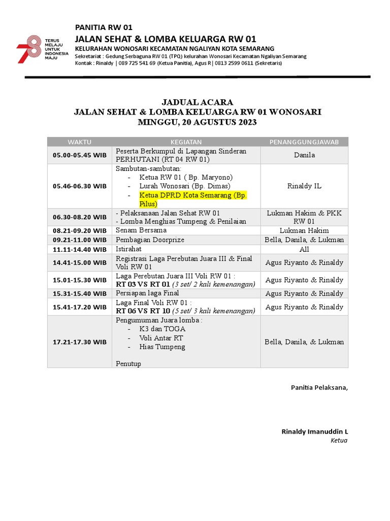 Jadual Acara Kegiatan Jalan Sehat Dan Lomba RW 01 Wonosari | PDF