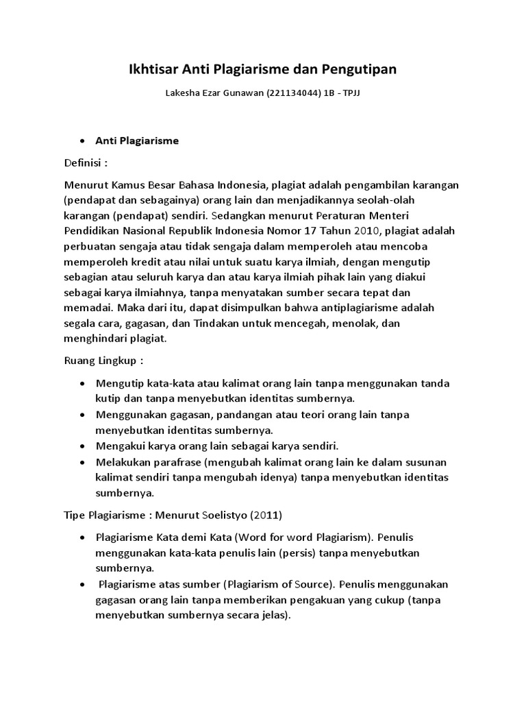 Ikhtisar Anti Plagiarisme Dan Pengutipan | PDF | Seni
