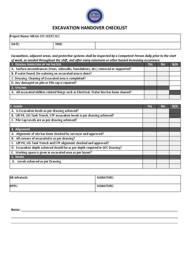 Excavation Handover Checklist SEEPZ (Revised) | PDF