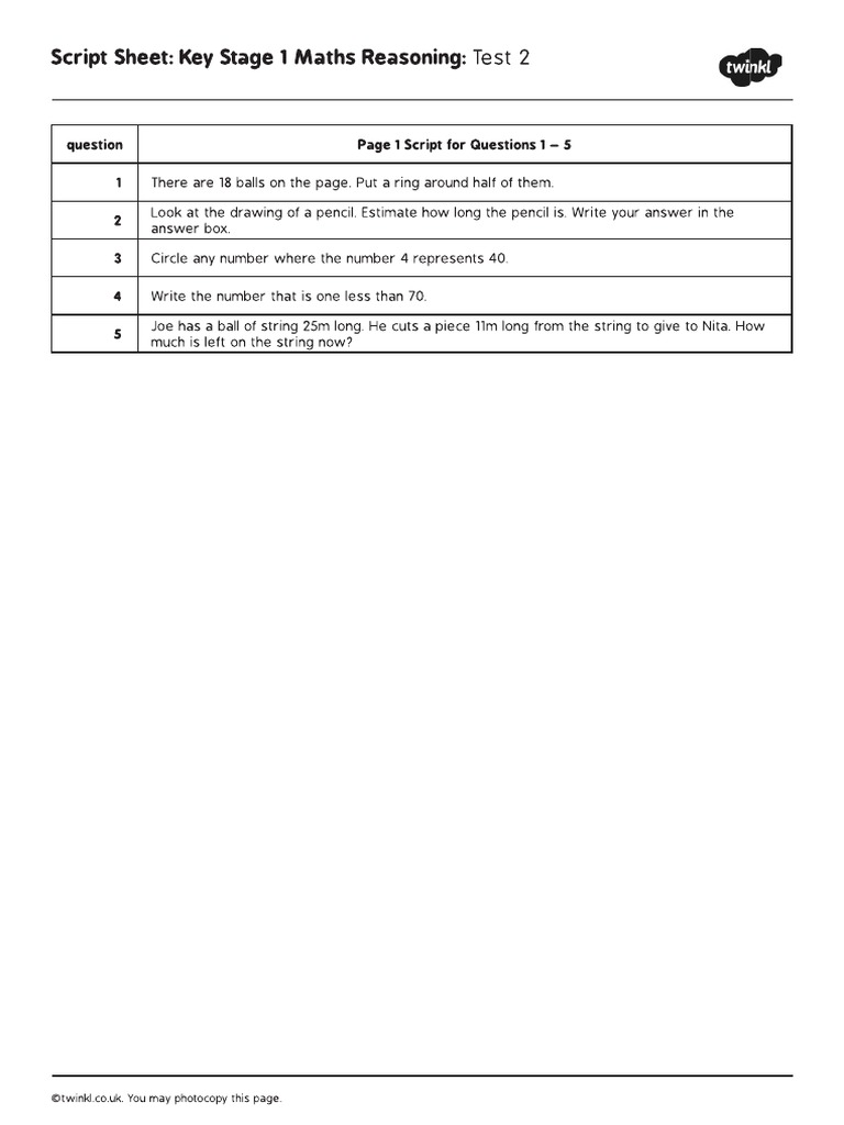 Year 2 - Maths GL Practice Paper Script | PDF