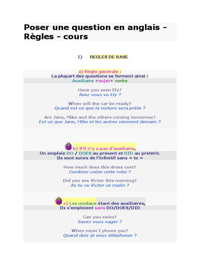 Poser Une Question en Anglais | Descargar gratis PDF | Verbe ...