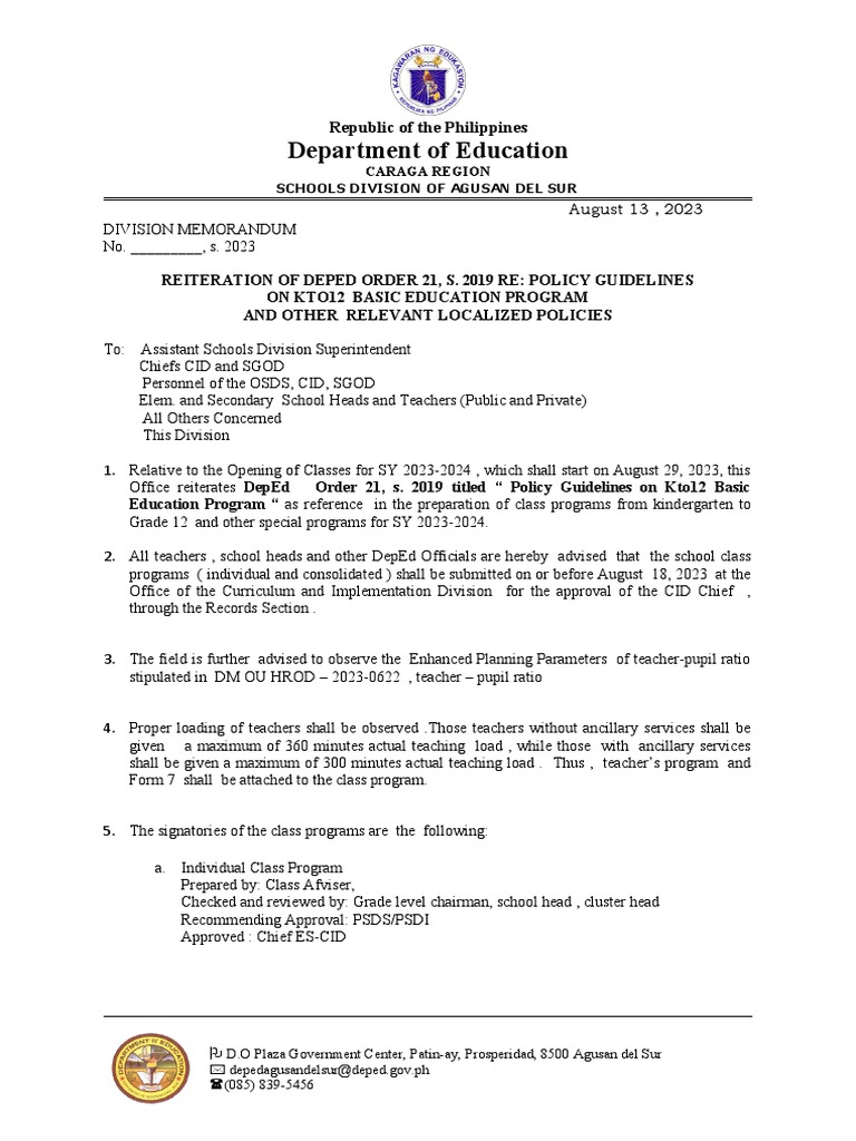 Class Program Guidelines for SY 2023-2024 | PDF