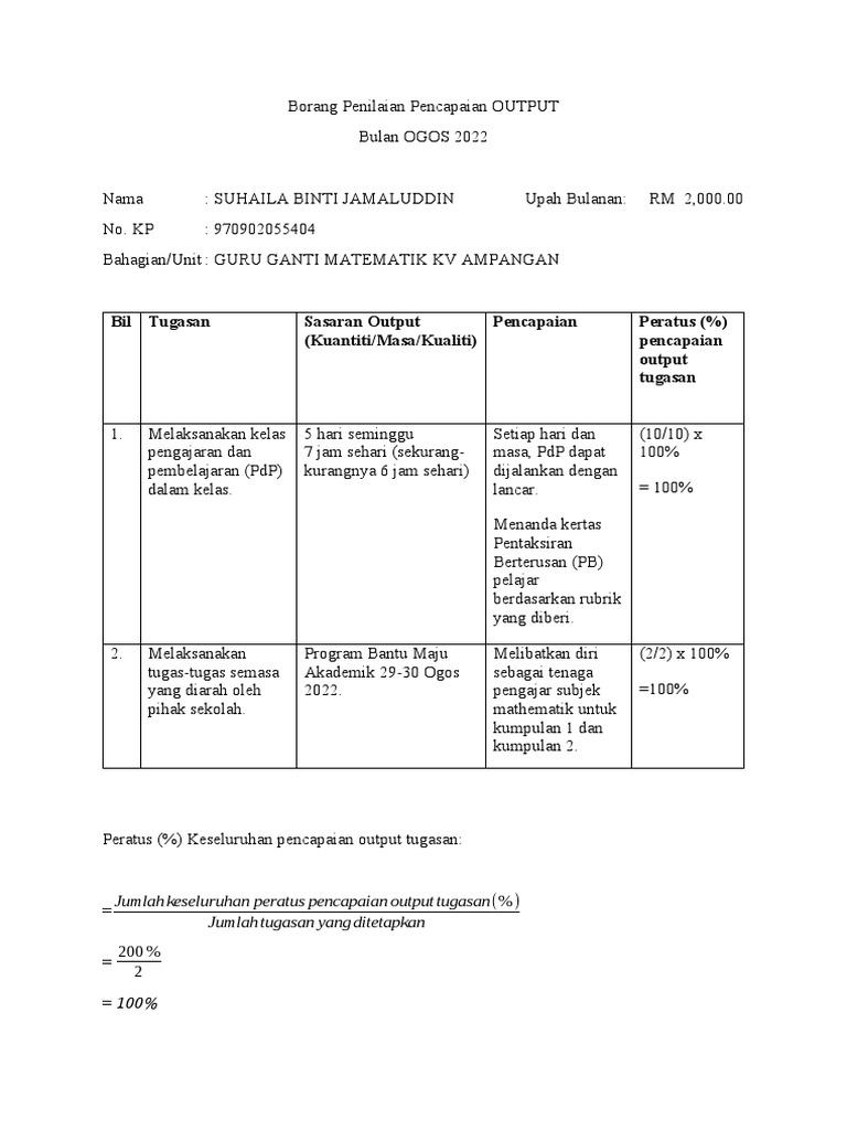 Borang Penilaian Pencapaian OUTPUT | PDF