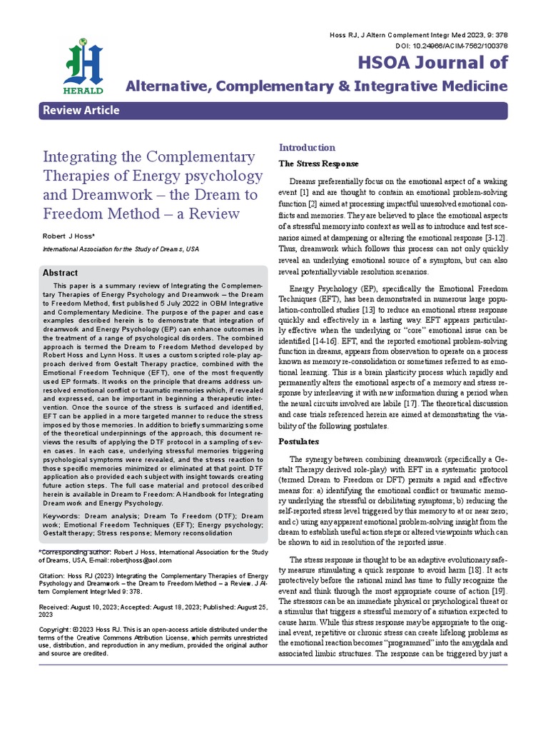 Integrating The Complementary Therapies of Energy Psychology and Dreamwork The Dream To Freedom ...
