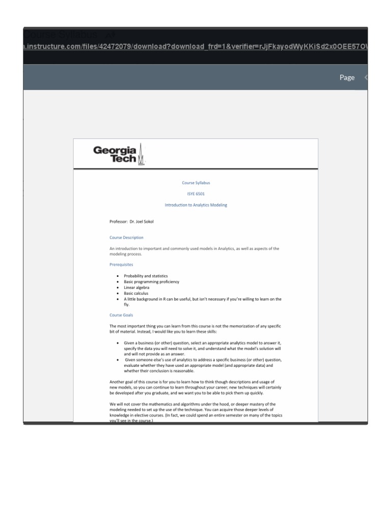 Syllabus For Intro Analytics Modeling Isye 6501 Oan O01 Qch Asy Download Free Pdf Analytics