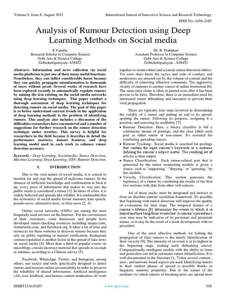 Analysis of Rumour Detection Using Deep Learning Methods On Social Media | PDF | Deep Learning ...