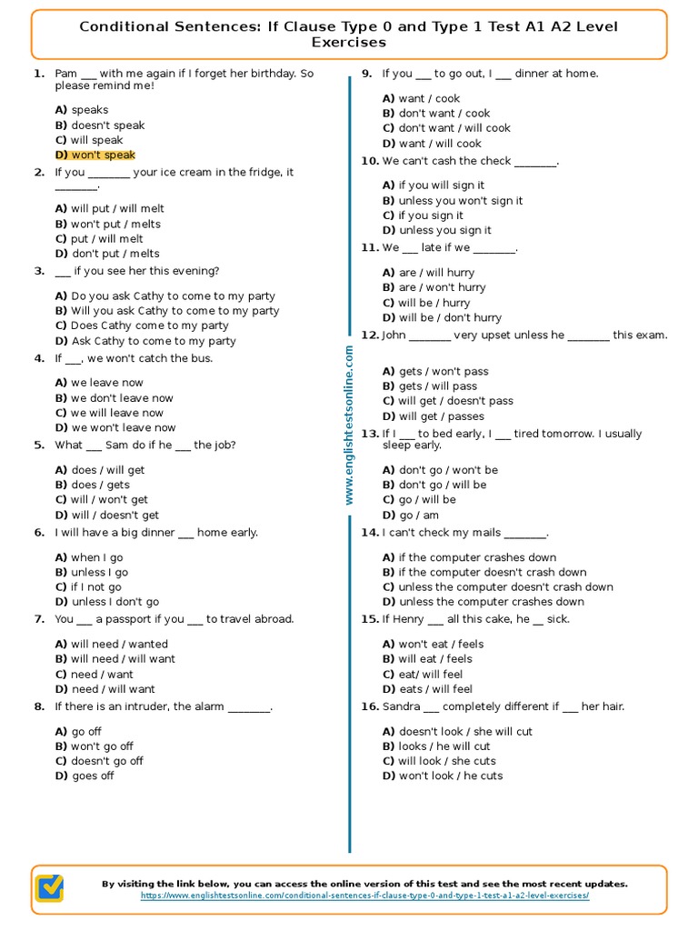 441 - Conditional Sentences If Clause Type 0 and Type 1 Test A1 A2 ...