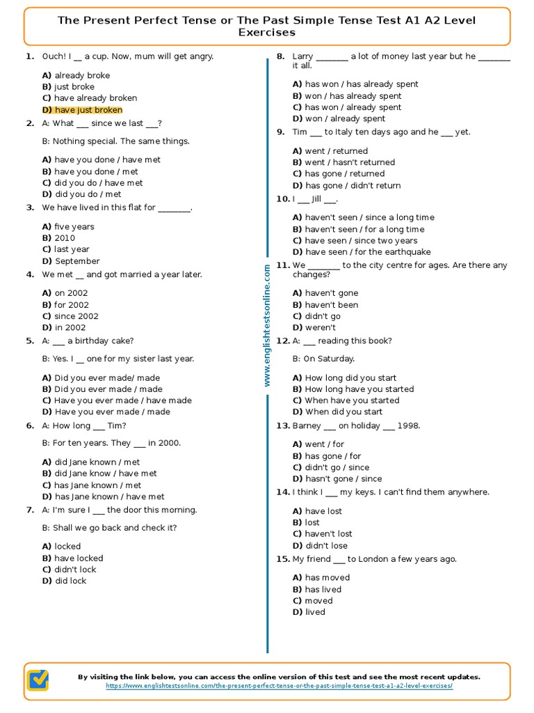 440 - The Present Perfect Tense or The Past Simple Tense Test A1 A2 ...