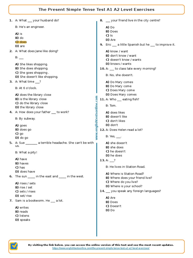 418 - The Present Simple Tense Test A1 A2 Level Exercises | PDF