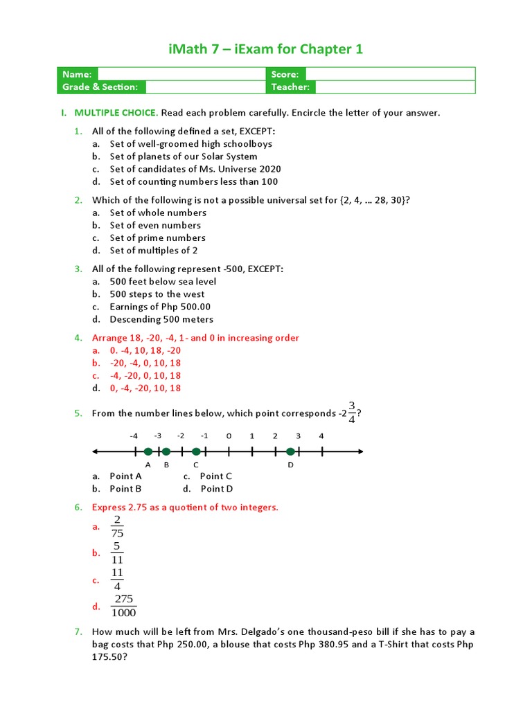 IMath 7 IExam Chapter 1 | PDF