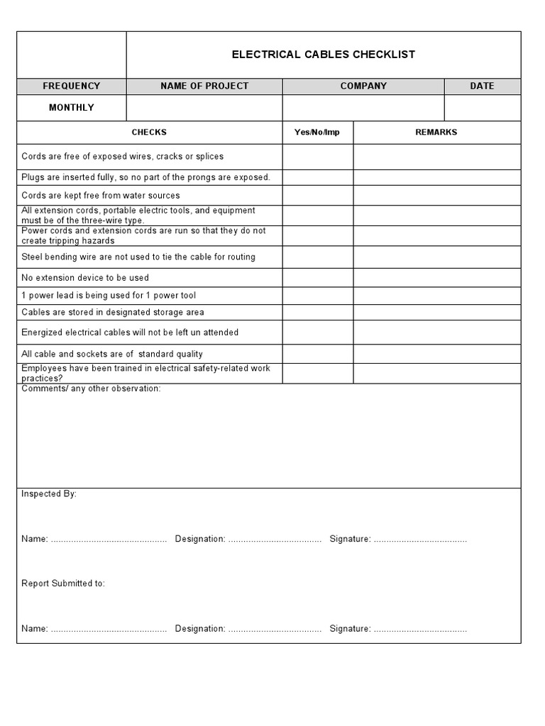 Electrical Cables Inspection Checklist | PDF