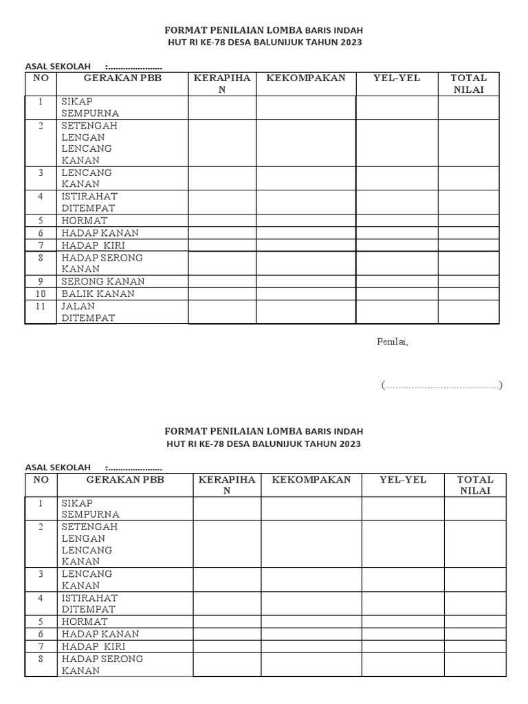 397023050 Format Penilaian Lomba Pbb Docx | PDF