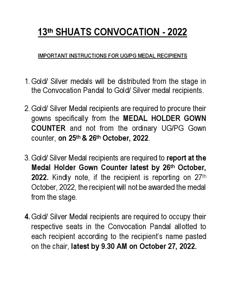 13th Shuats Convocation Ug-Pg Instructions | PDF